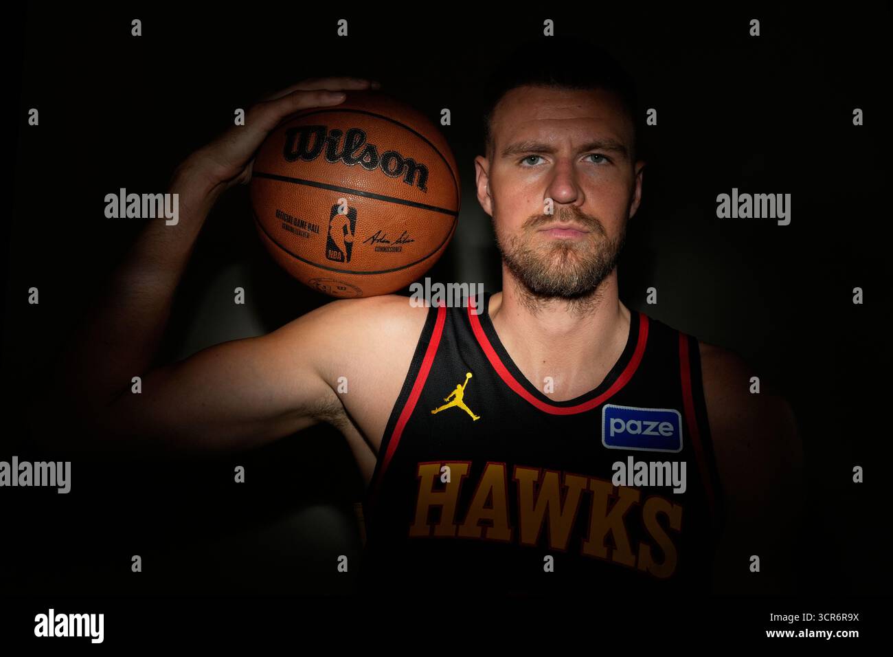 Atlanta Hawks' Kristaps Porzingis (8) poses for a photograph during an ...