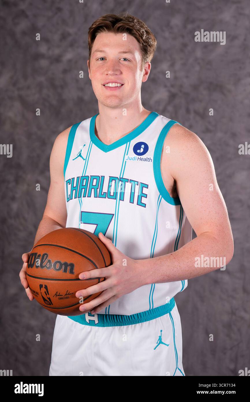 Charlotte Hornets' Kon Knueppel poses for a photo during the NBA basketball team's media day in ...