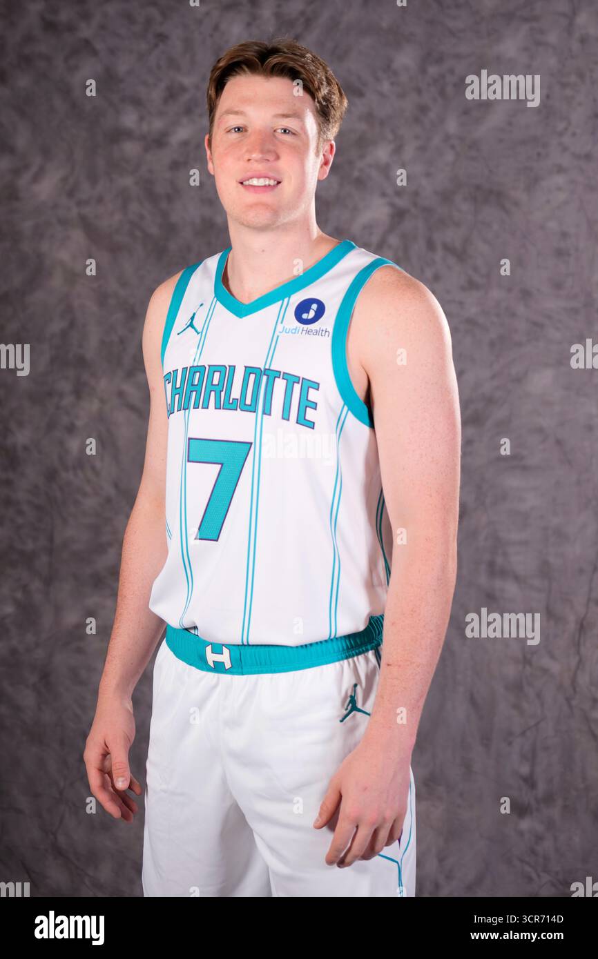 Charlotte Hornets' Kon Knueppel poses for a photo during the NBA basketball team's media day in ...