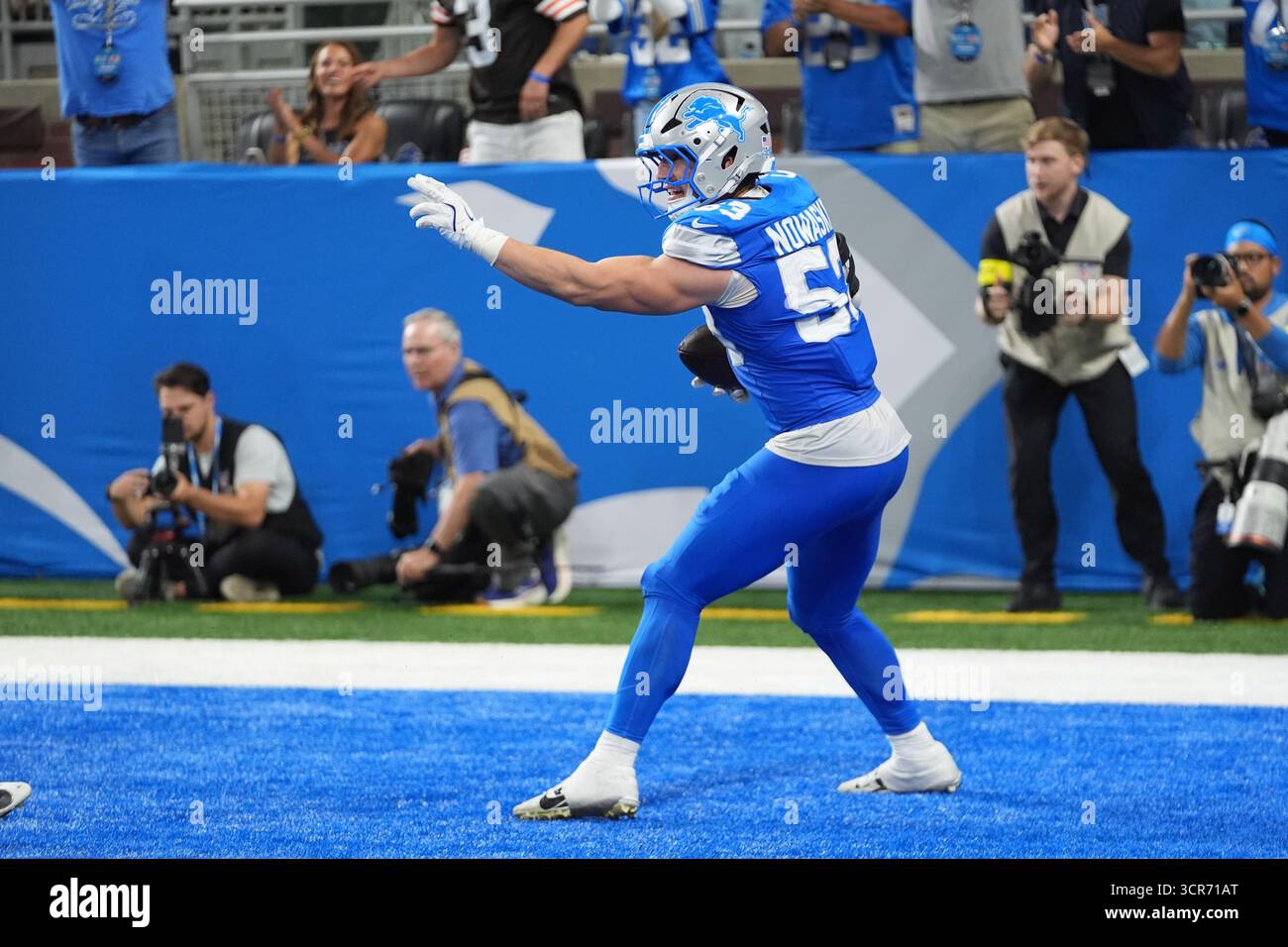 Detroit Lions linebacker Trevor Nowaske (53) celebrates during the ...