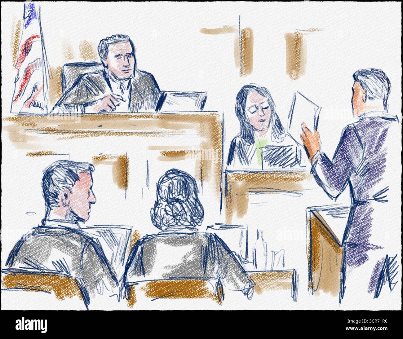 Pastel pencil pen and ink sketch illustration of a courtroom trial ...