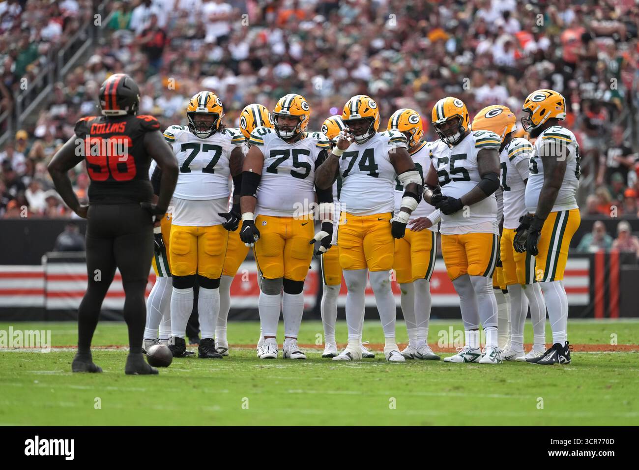 The Green Bay Packers offensive line huddles before a snap against the ...
