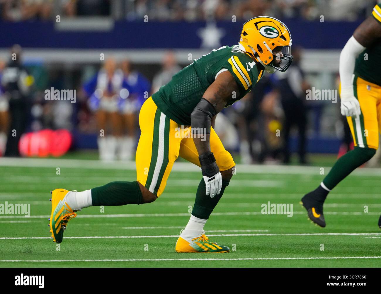 Green Bay Packers linebacker Micah Parsons comes out of his stance during an NFL football game ...