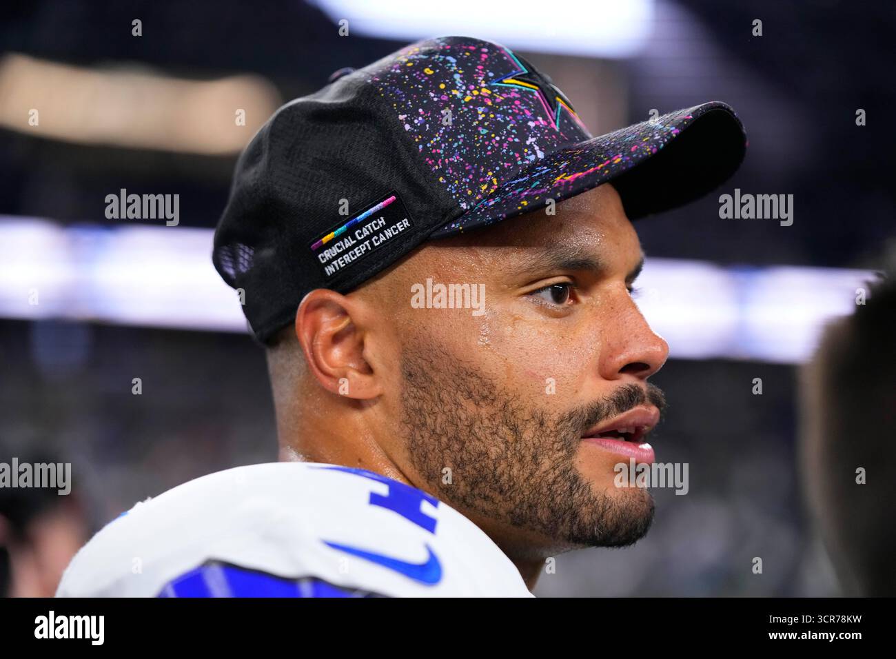 Dallas Cowboys quarterback Dak Prescott wears a cap promoting Crucial ...