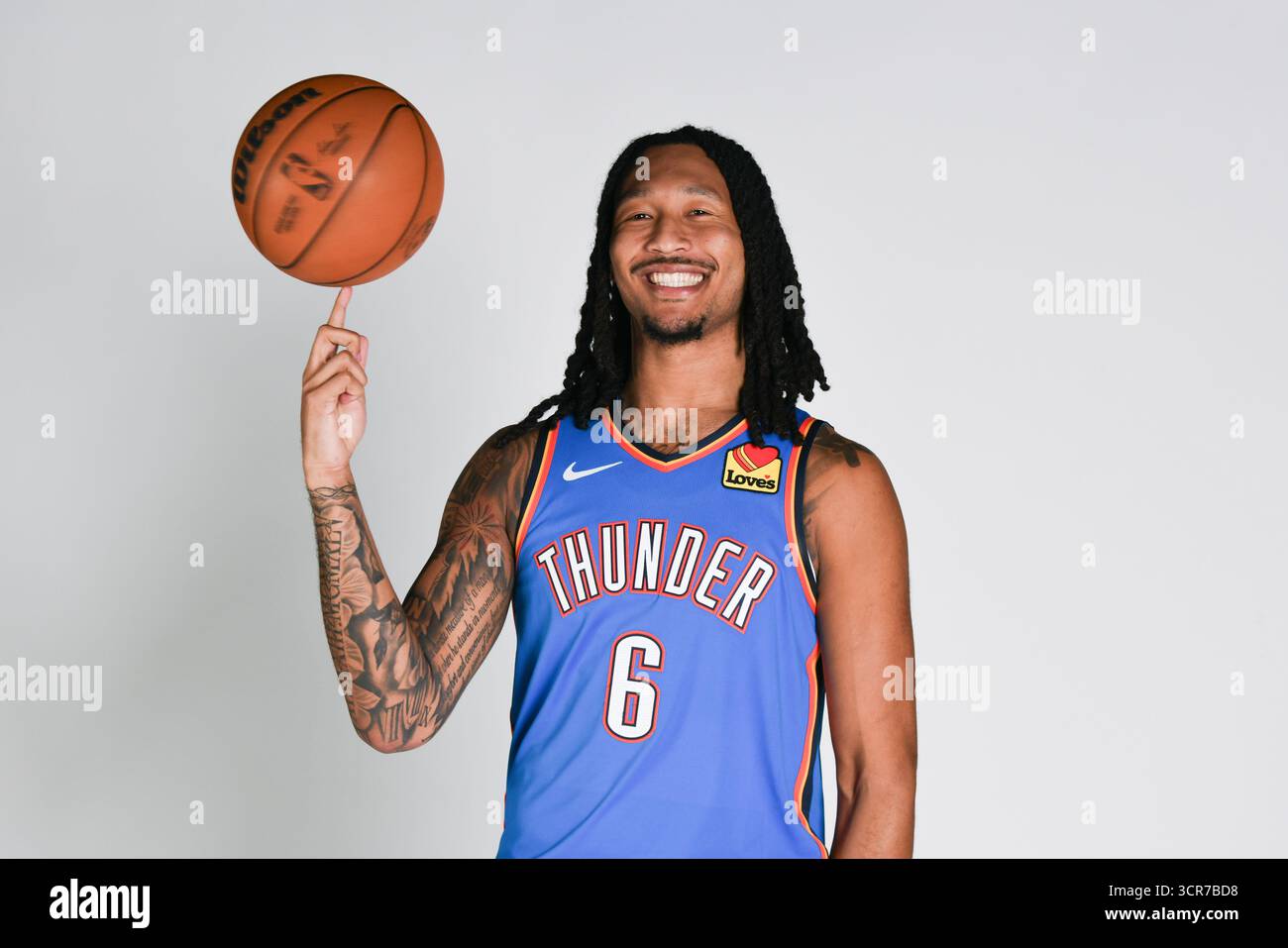 Oklahoma City Thunder forward Jaylin Williams poses for a photo during the NBA basketball team's ...
