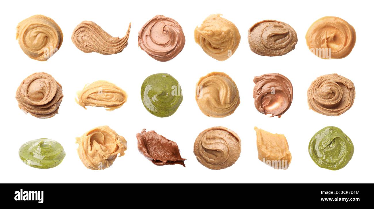 Smooth and velvety food texture. Spreads of different nuts isolated on ...