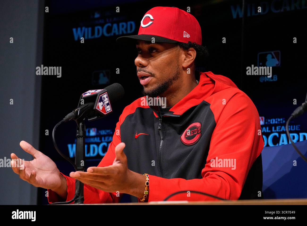 Cincinnati Reds starting pitcher Hunter Greene speaks during a news ...