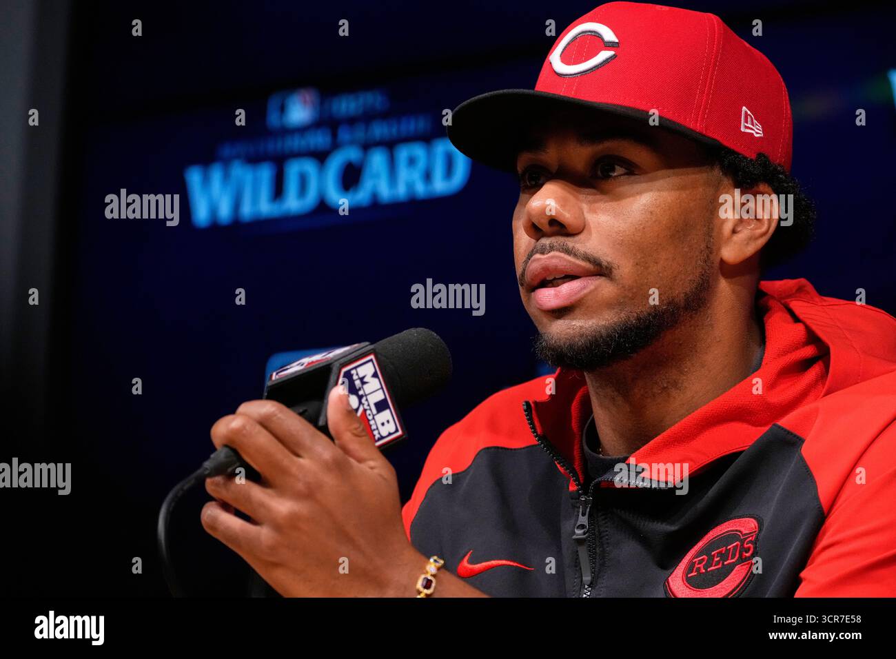 Cincinnati Reds starting pitcher Hunter Greene speaks during a news ...