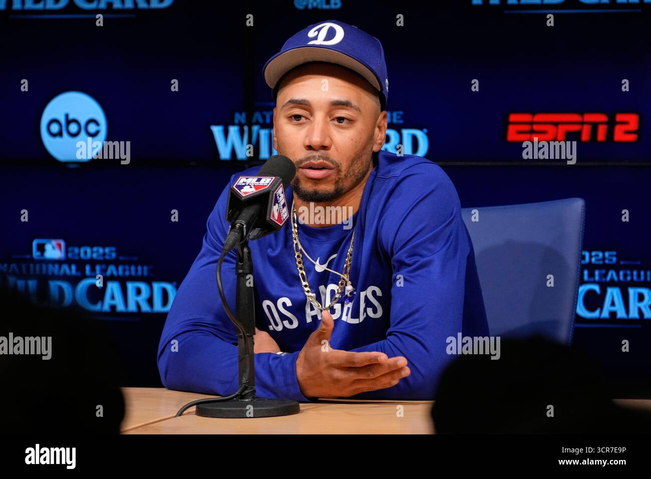 Los Angeles Dodgers' Mookie Betts speaks during a news conference prior ...