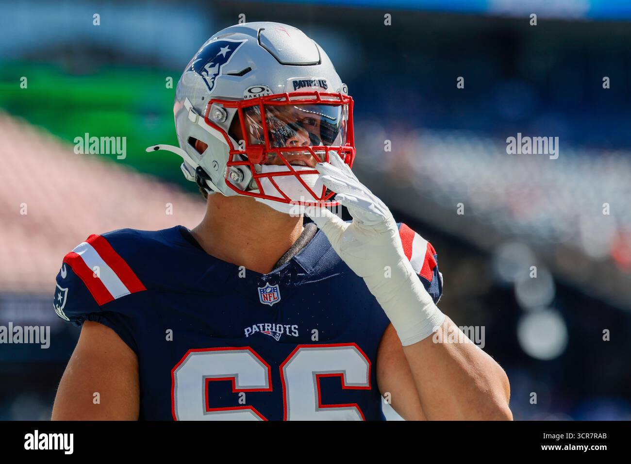 New England Patriots offensive tackle Will Campbell (66) warms up prior ...