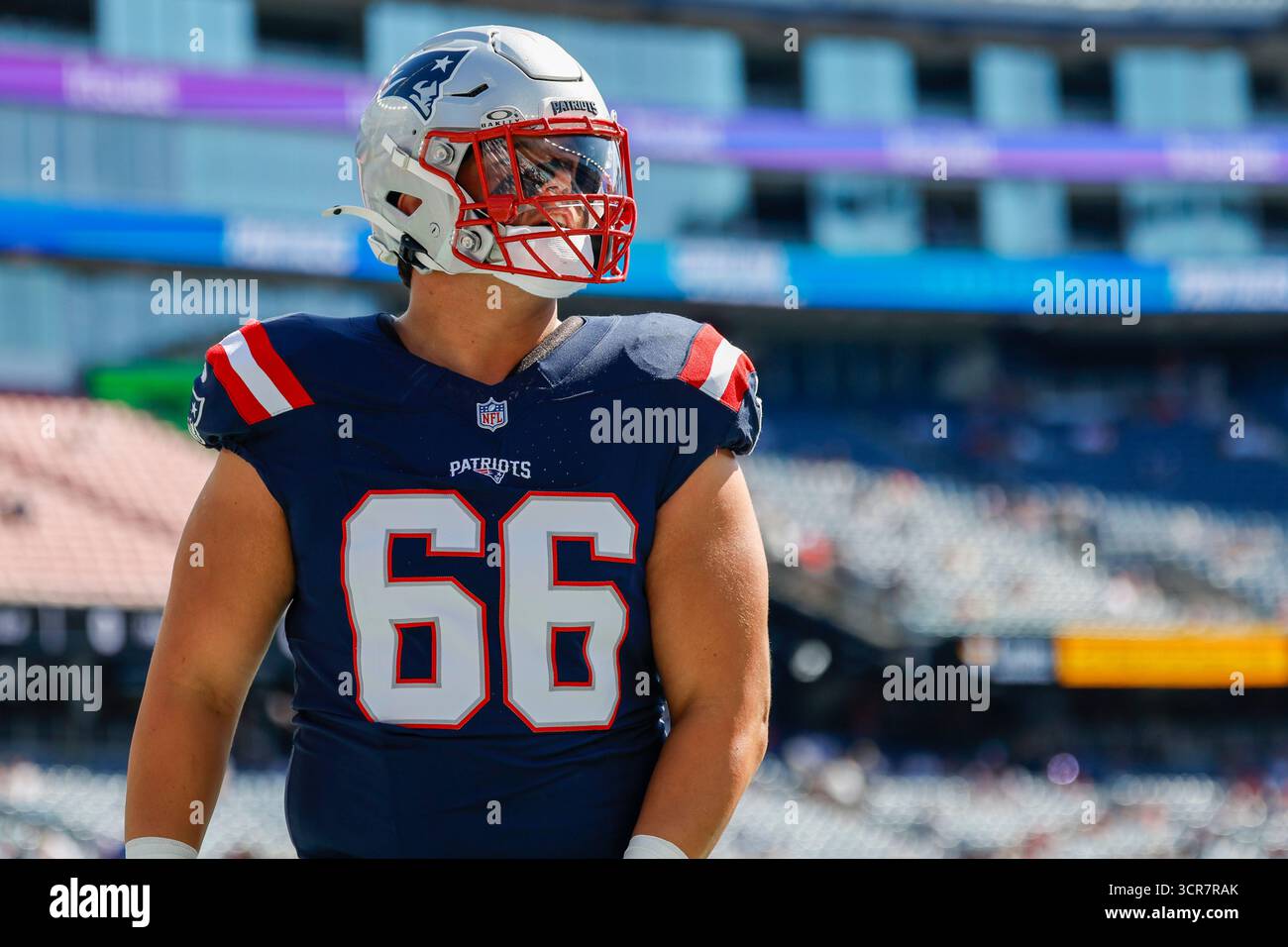 New England Patriots offensive tackle Will Campbell (66) warms up prior ...