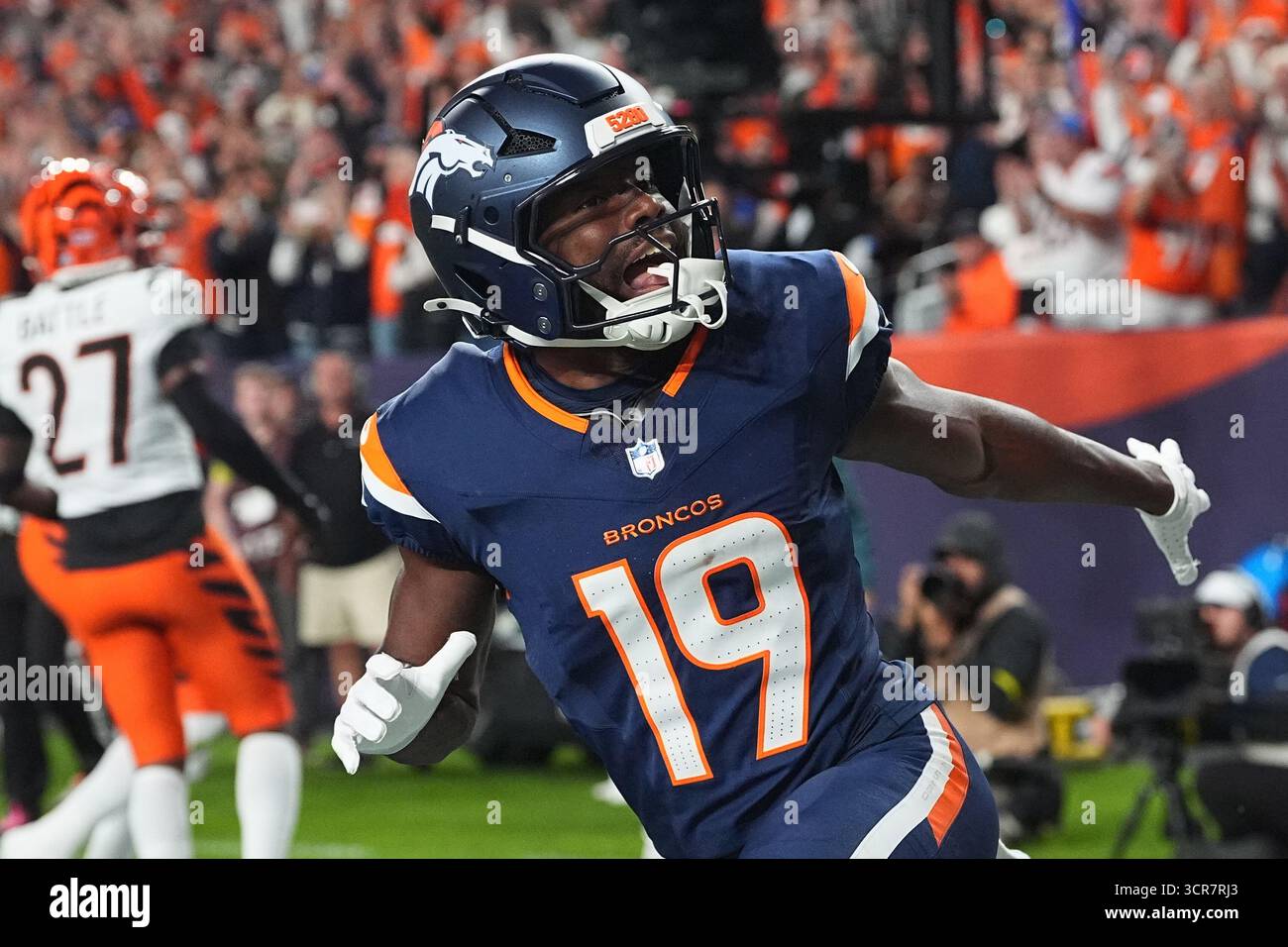 Denver Broncos wide receiver Marvin Mims Jr. (19) celebrates after ...