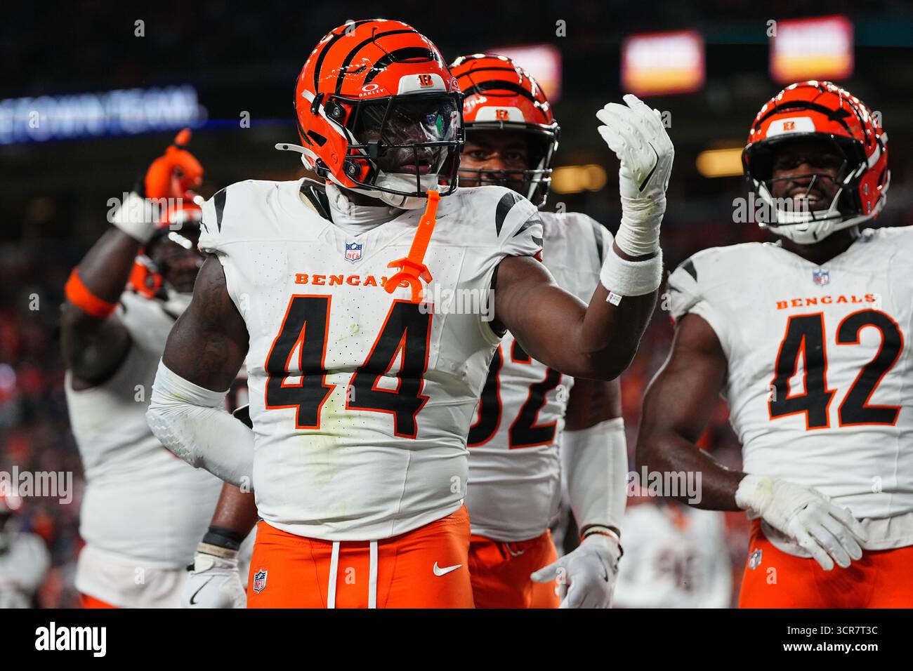 Cincinnati Bengals linebacker Demetrius Knight Jr. (44) reacts after ...