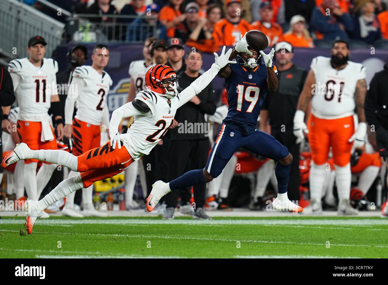 Denver Broncos wide receiver Marvin Mims Jr. (19) catches a pass ...