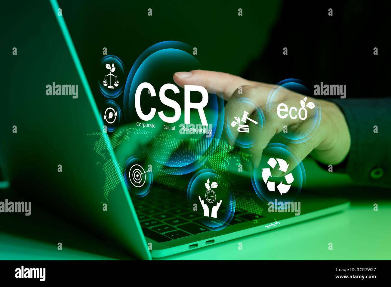 Corporate social responsibility CSR concept with eco icons displayed on ...