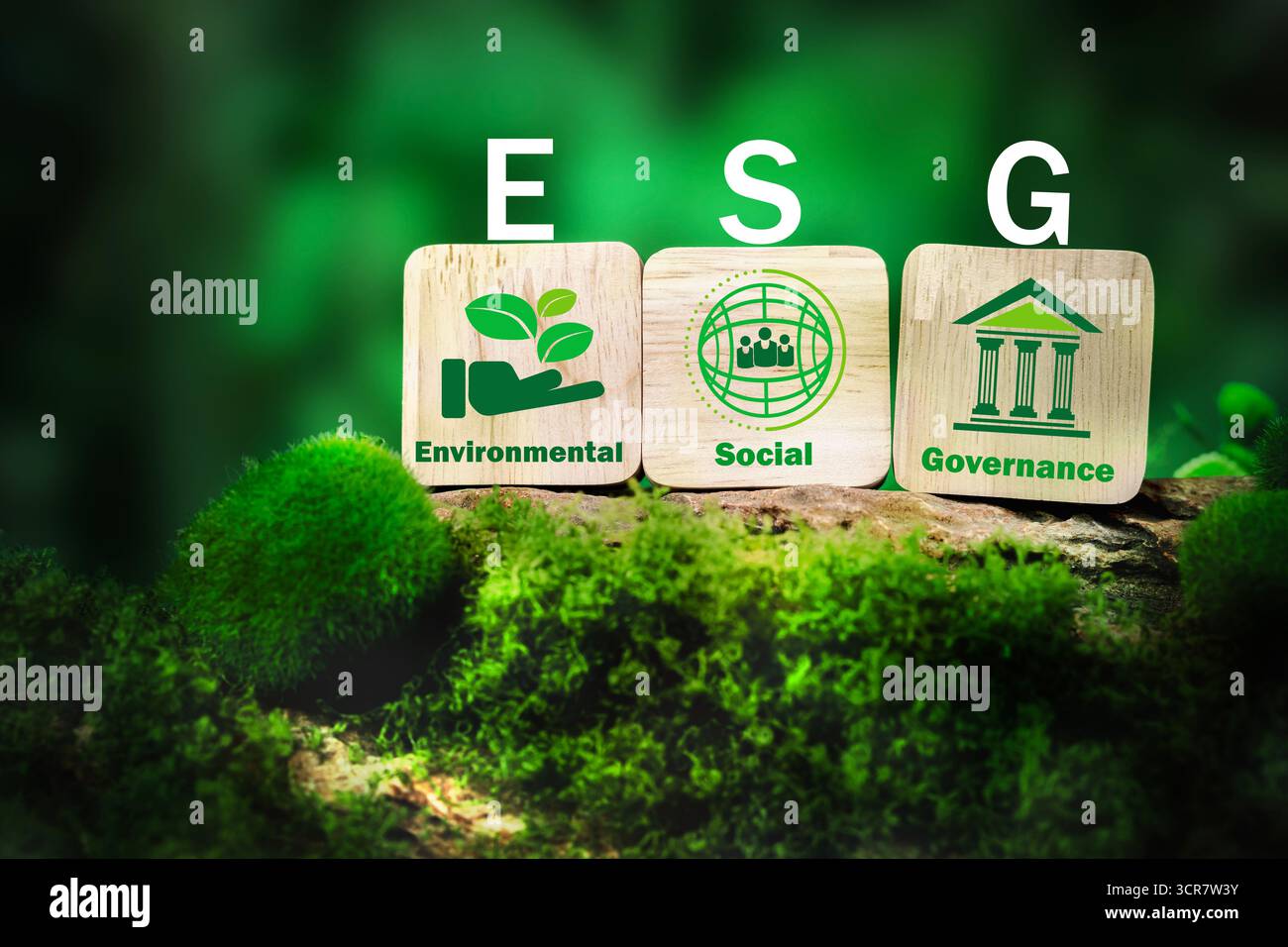 Wooden block letters ESG with environmental, social, governance icons ...