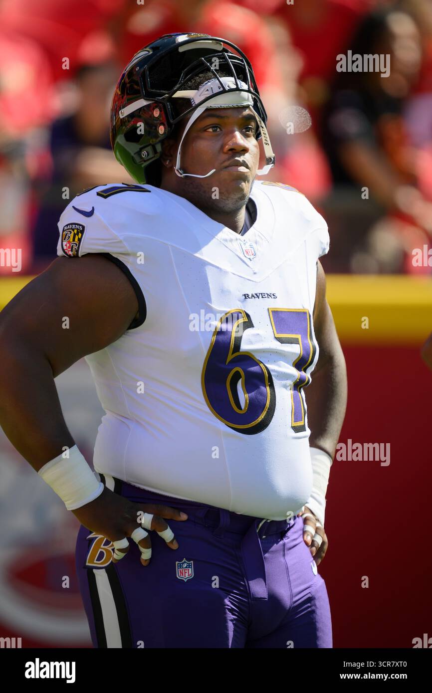 Baltimore Ravens offensive tackle Corey Bullock takes a break during ...