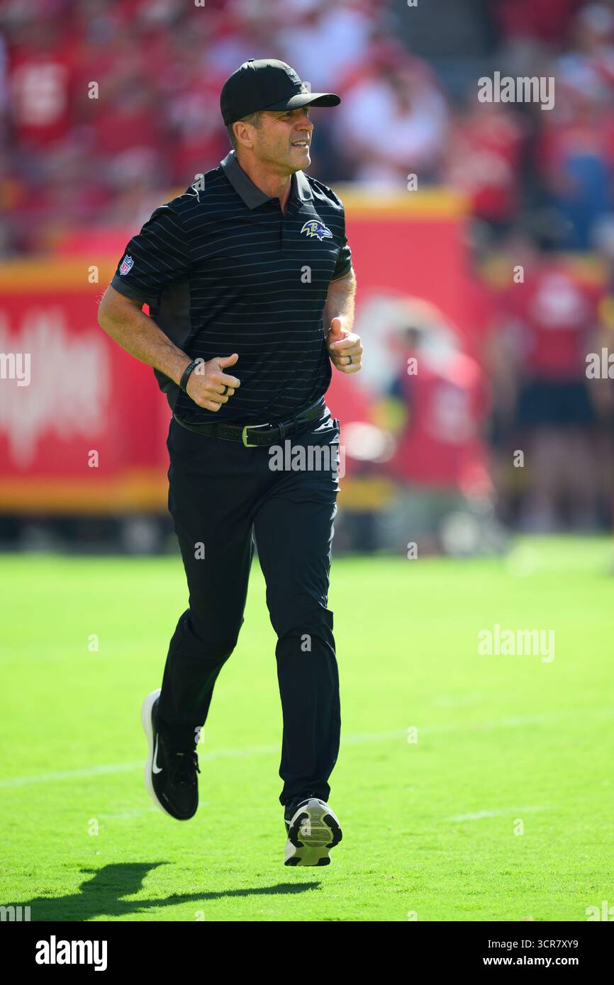 Baltimore Ravens head coach John Harbaugh comes onto the field during ...