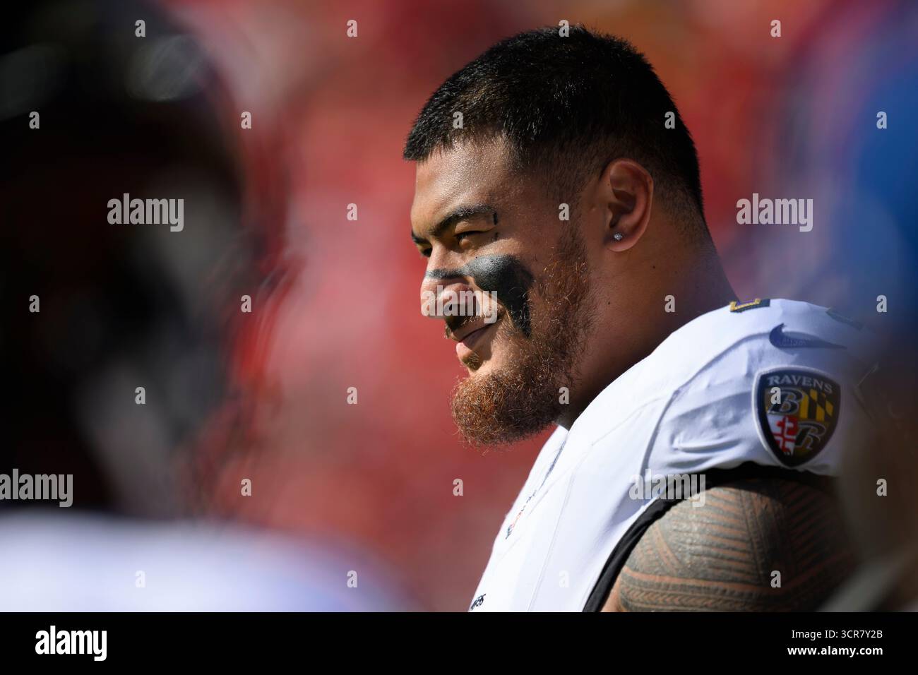Baltimore Ravens guard Daniel Faalele talks to teammates on the ...