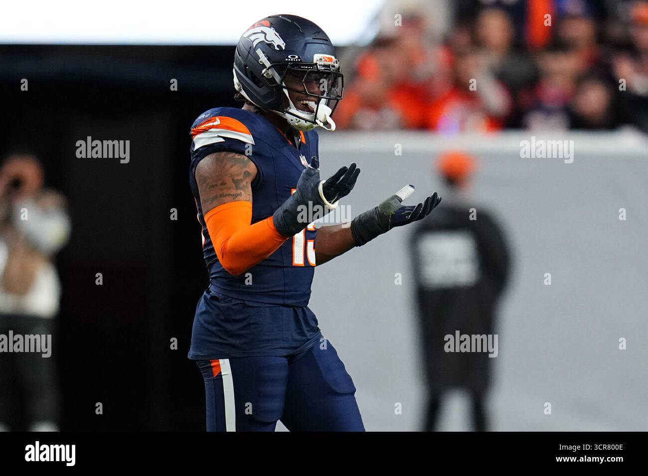 Denver Broncos linebacker Nik Bonitto (15) reacts after a sac against ...