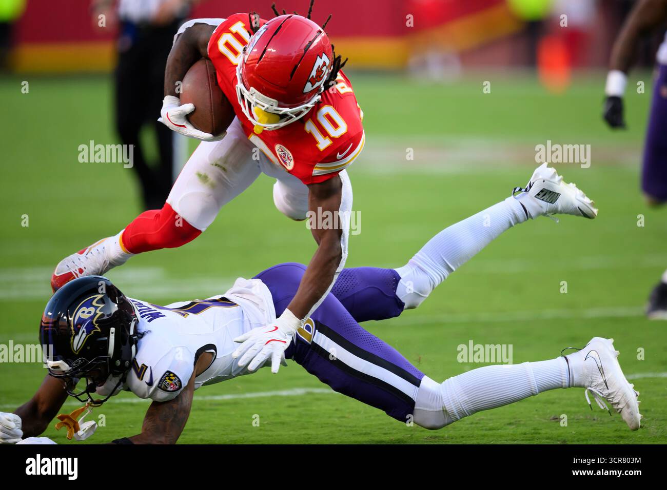 Baltimore Ravens cornerback Nate Wiggins (2) tackles Kansas City Chiefs ...