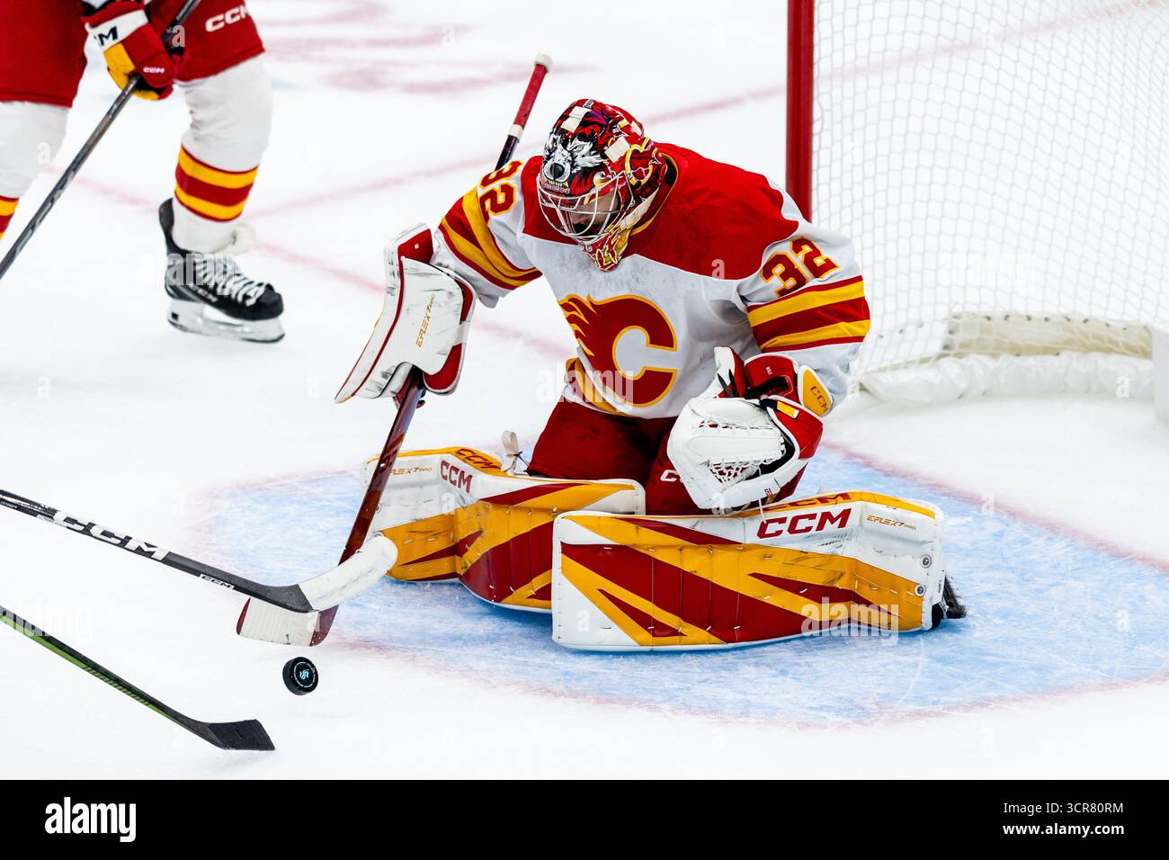 Calgary Flames goaltender Dustin Wolf makes a save during the first ...