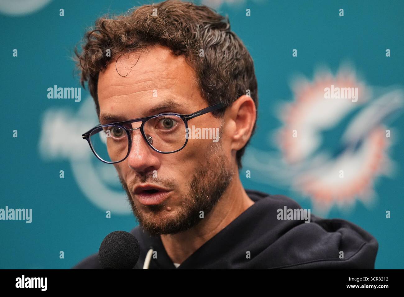 Miami Dolphins head coach Mike McDaniel resonds to questions during a news conference after an ...