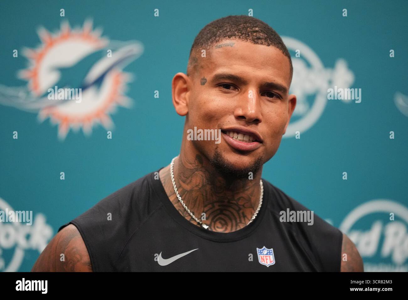 Miami Dolphins' Darren Waller responds to questions during a news ...