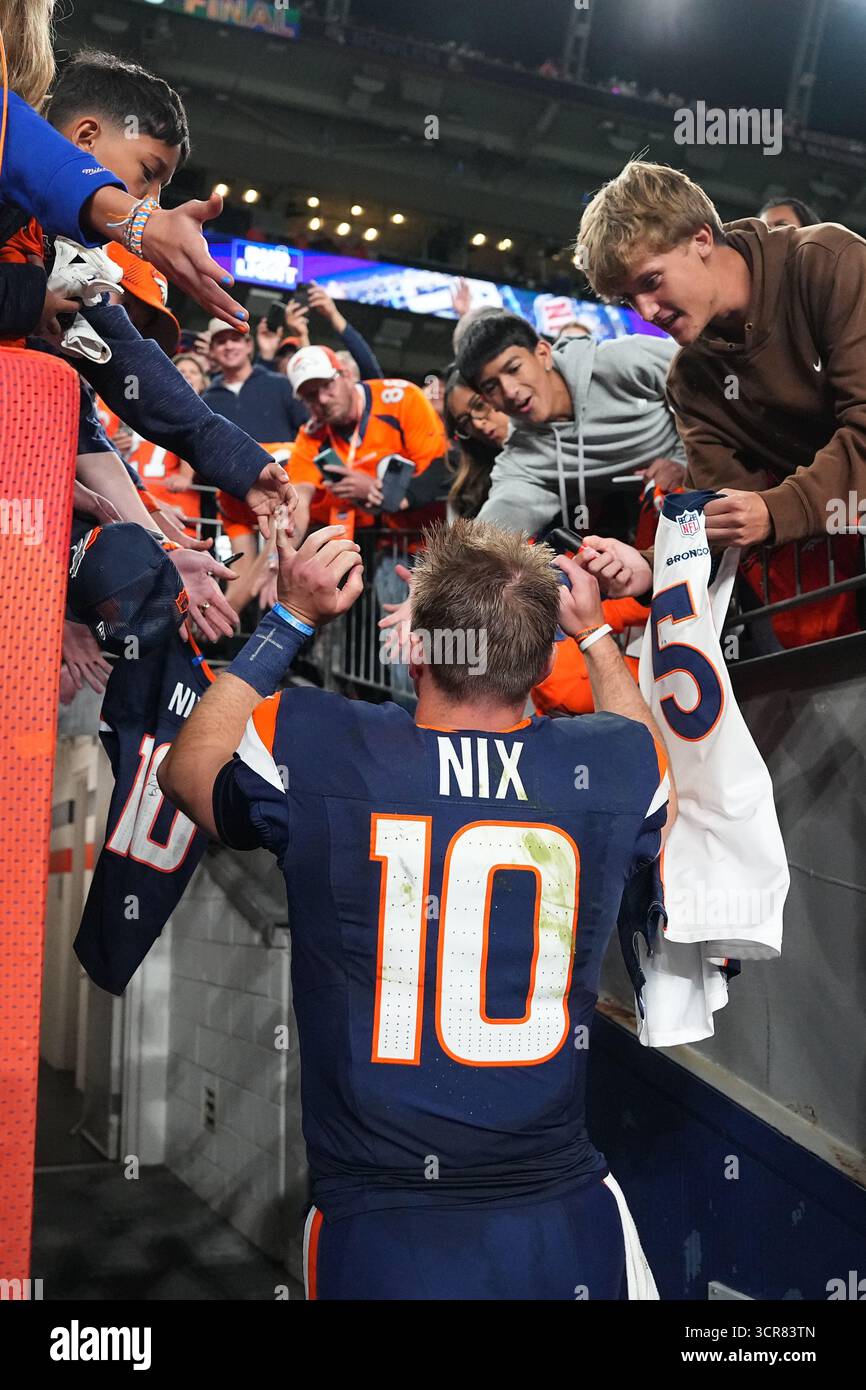 Denver Broncos quarterback Bo Nix (10) greats fans post game against ...