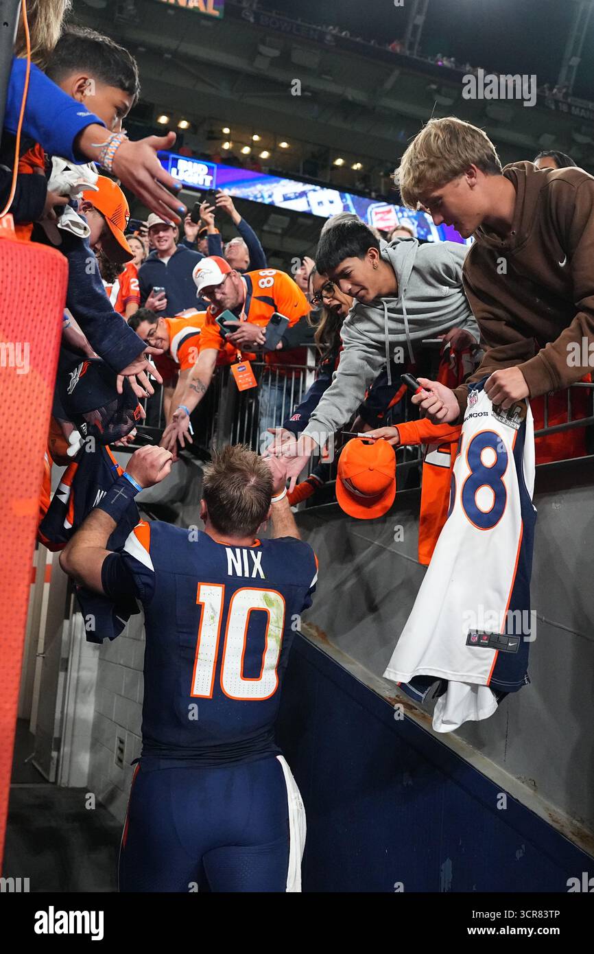 Denver Broncos quarterback Bo Nix (10) greats fans post game against ...