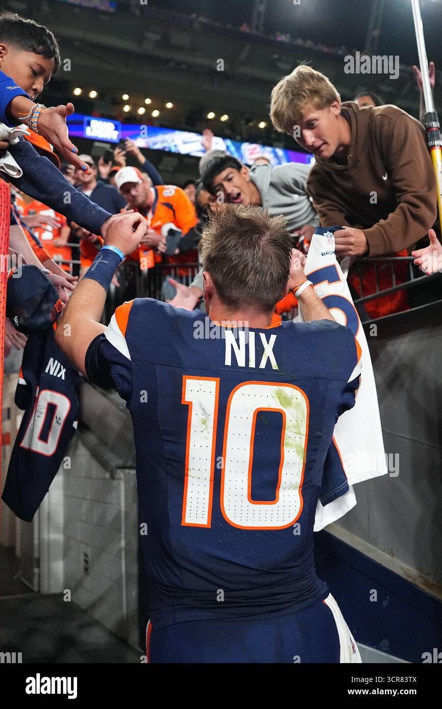 Denver Broncos quarterback Bo Nix (10) greats fans post game against ...