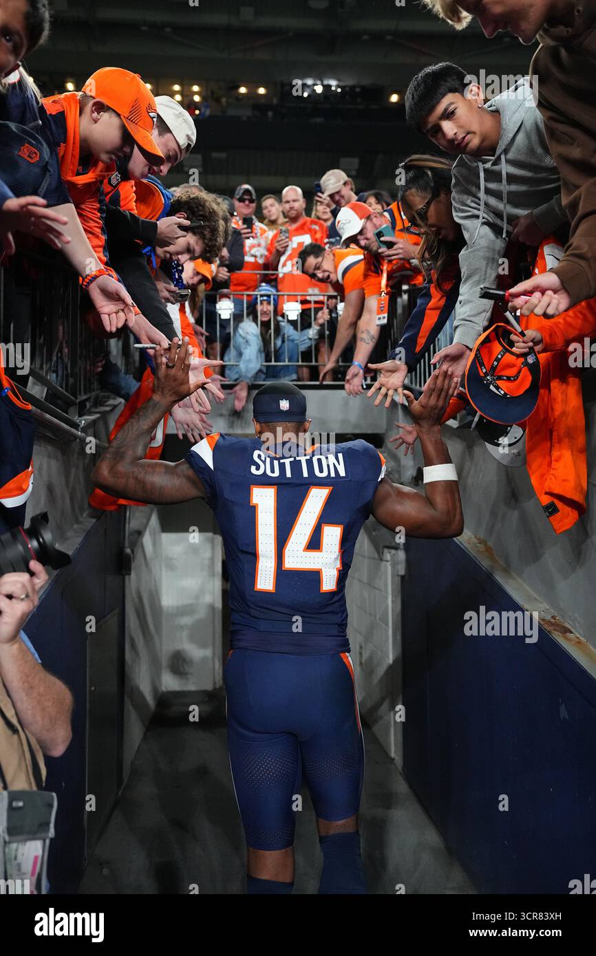 Denver Broncos wide receiver Courtland Sutton (14) greets the fans post ...