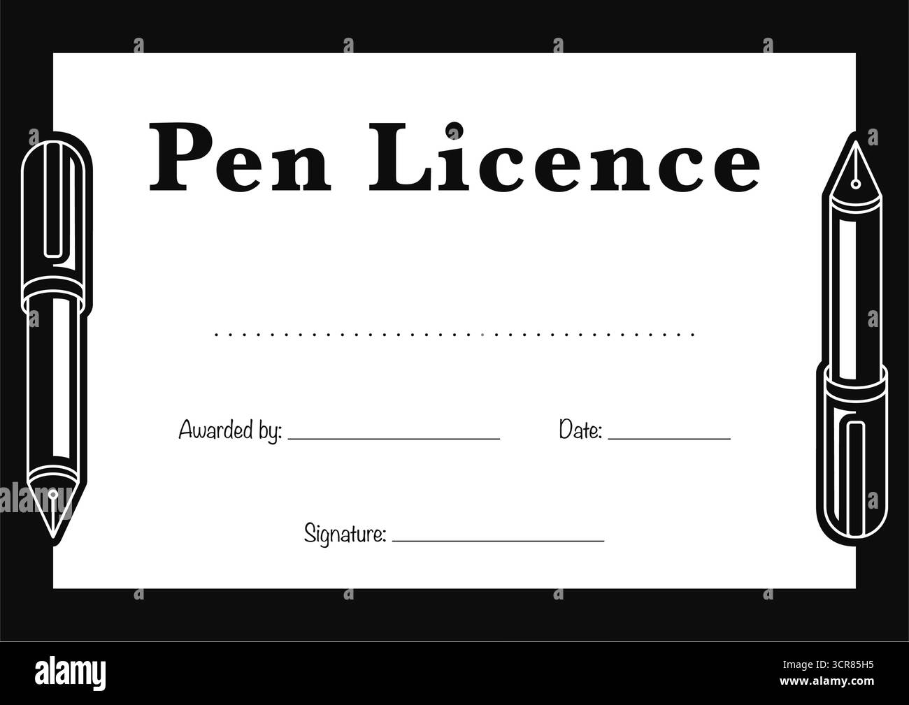 Black and white pen licence template with copy space for names for ...