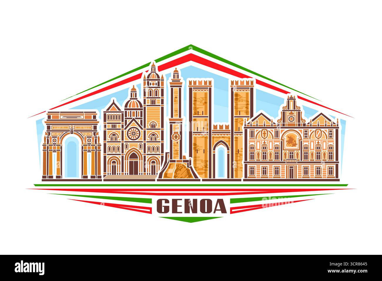 Vector illustration of Genoa, horizontal decorative sign with linear ...