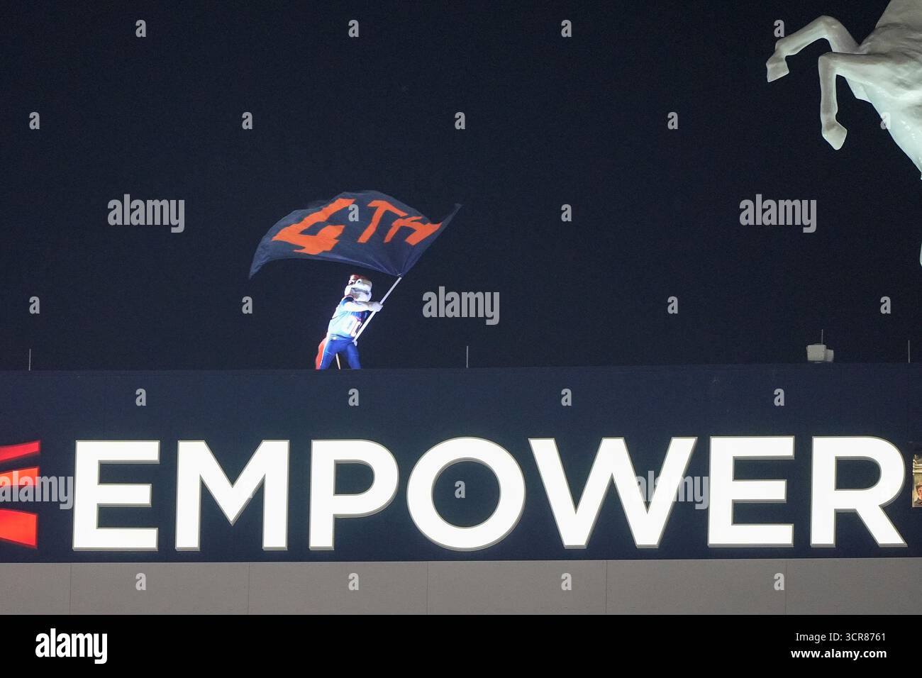 September 29, 2025: The Broncos mascot Miles stands atop the scoreboard ...