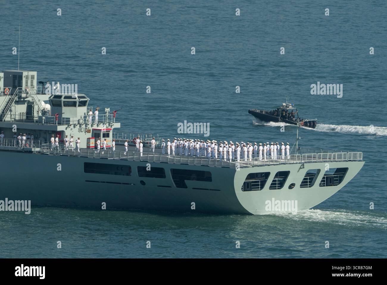 Chinese People's Liberation Army's navy stand on the deck of training ...