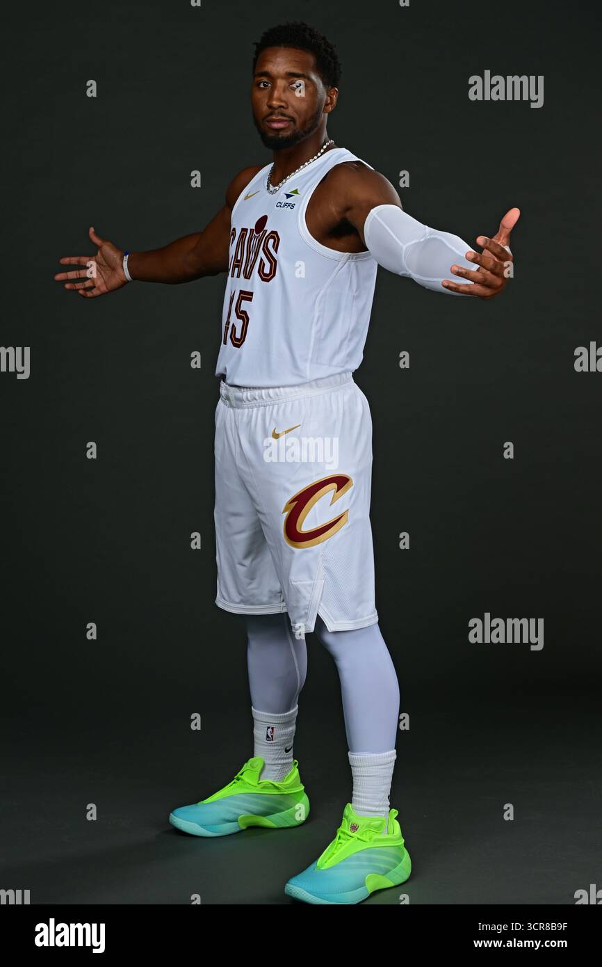 Cleveland Cavaliers guard Donovan Mitchell poses for a photo during the ...
