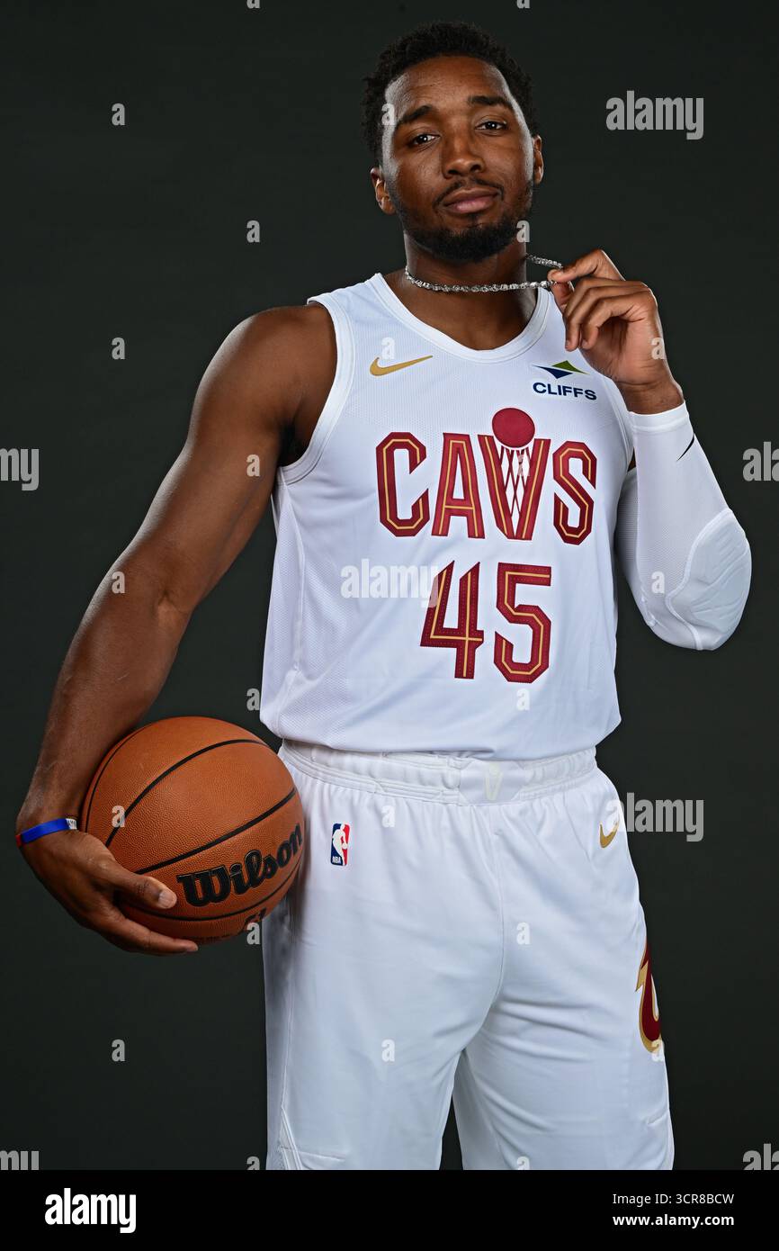 Cleveland Cavaliers guard Donovan Mitchell poses for a photo during the ...