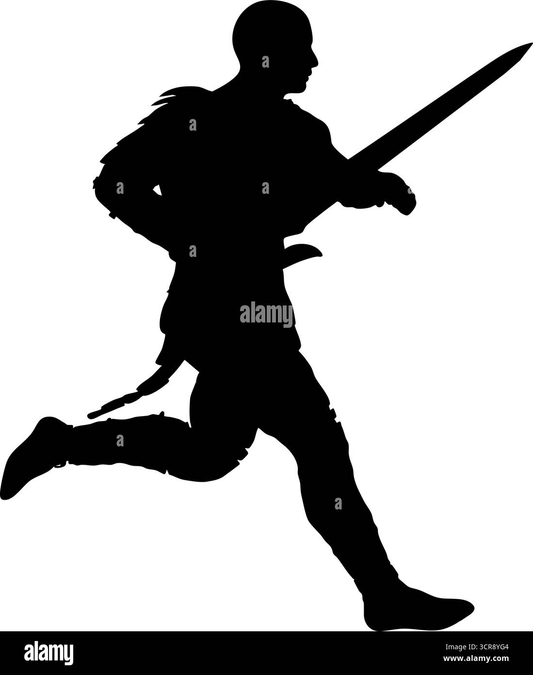Silhouette of a warrior in battle armor in dynamic pose holding a sword ...