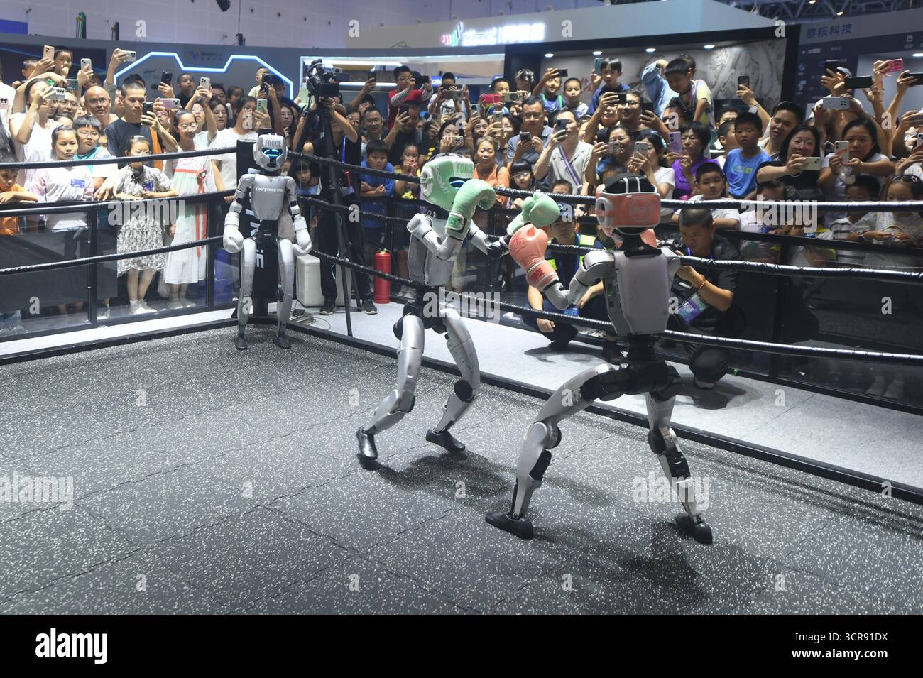 Visitors watch a humanoid robot boxing competition at the 4th Global ...