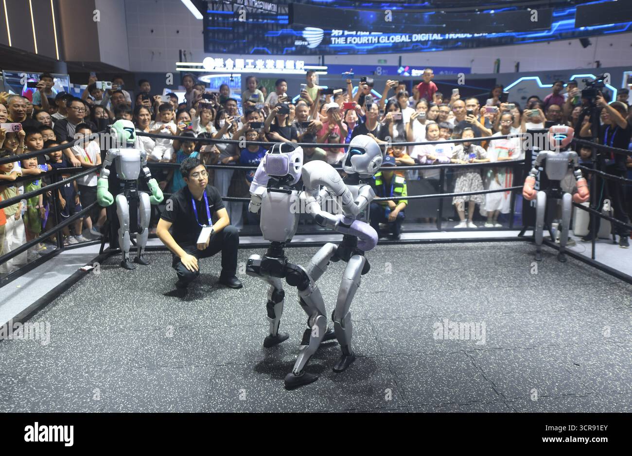 Visitors watch a humanoid robot boxing competition at the 4th Global ...