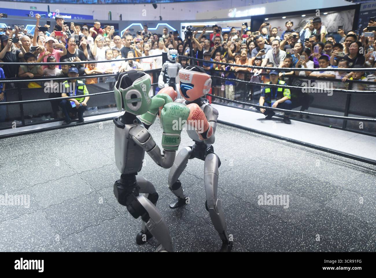 Visitors watch a humanoid robot boxing competition at the 4th Global ...