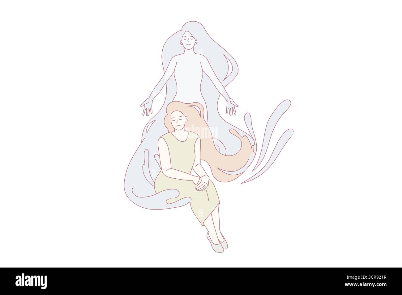 Spiritual female body releasing and meditation therapy . Vector concept ...