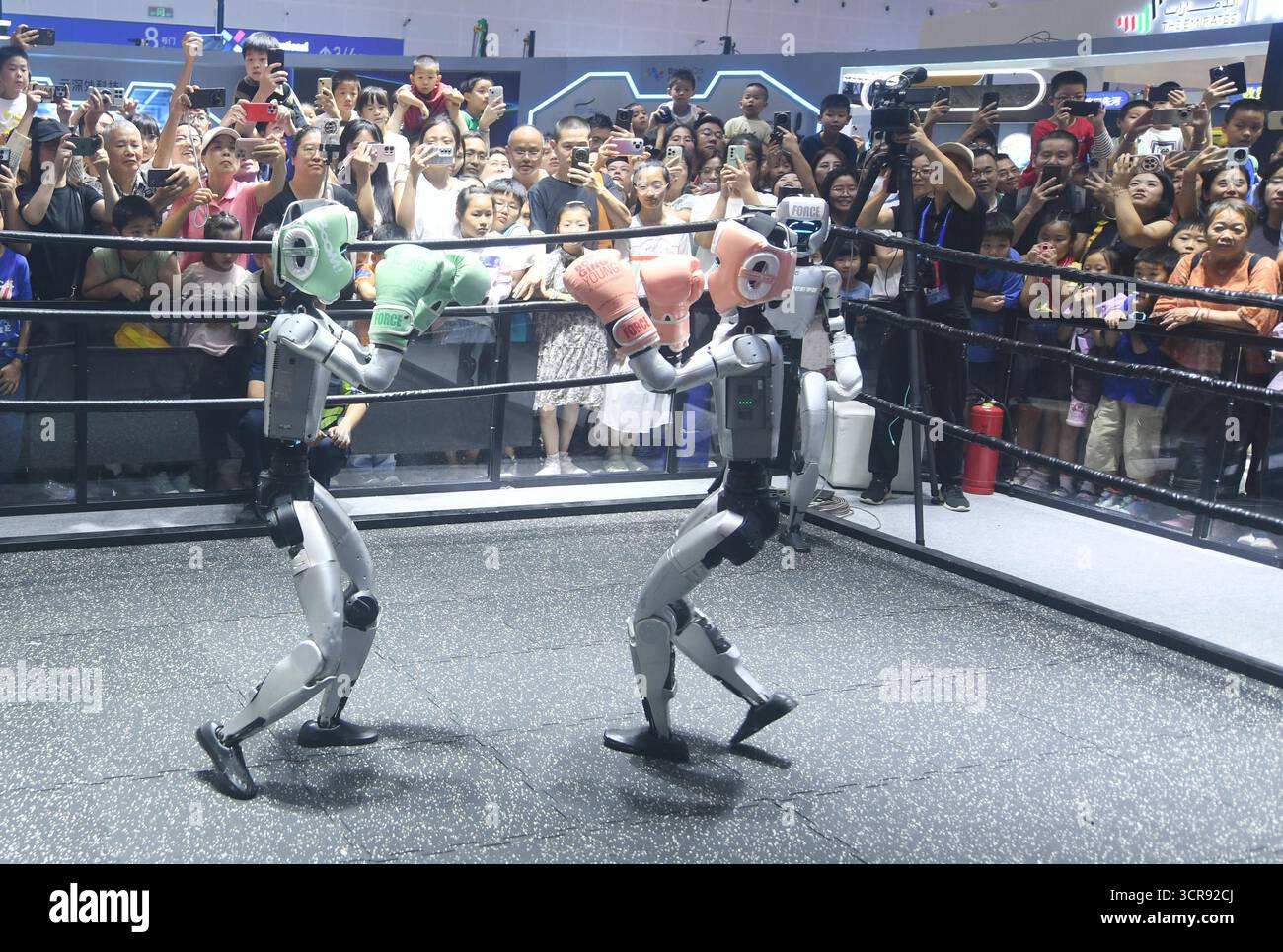 Visitors watch a humanoid robot boxing competition at the 4th Global ...