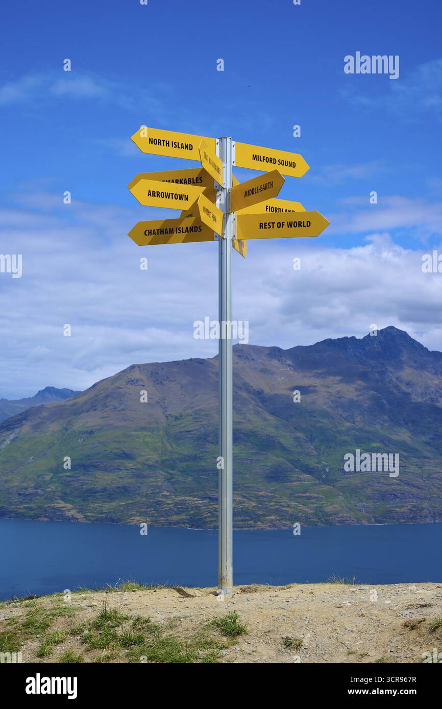 A signpost on a hill shows yellow signs in different directions ...