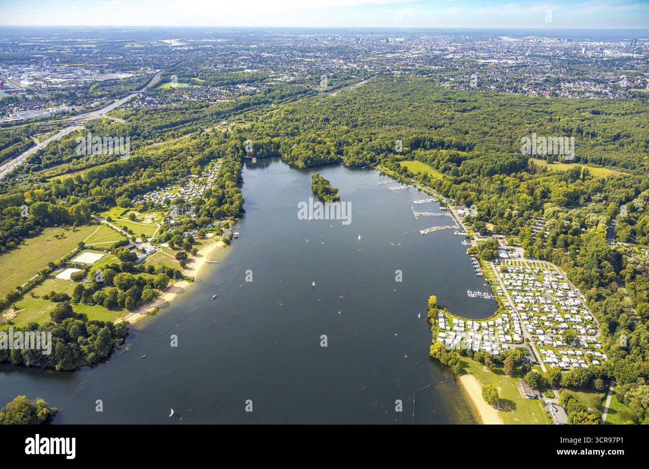 Aerial view, Unterbacher See with lido and campsite, Eller Forst ...