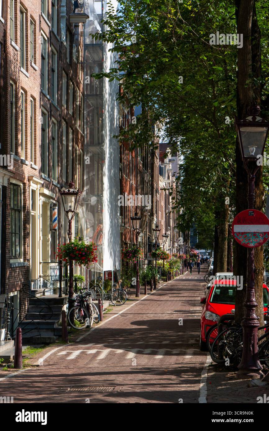 Visitors stroll along a beautiful Amsterdam street lined with trees and ...