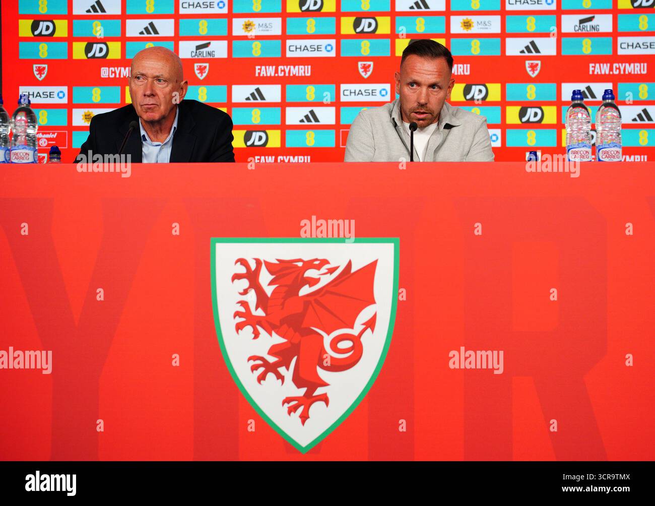 Wales manager Craig Bellamy (right) during a press conference at the ...