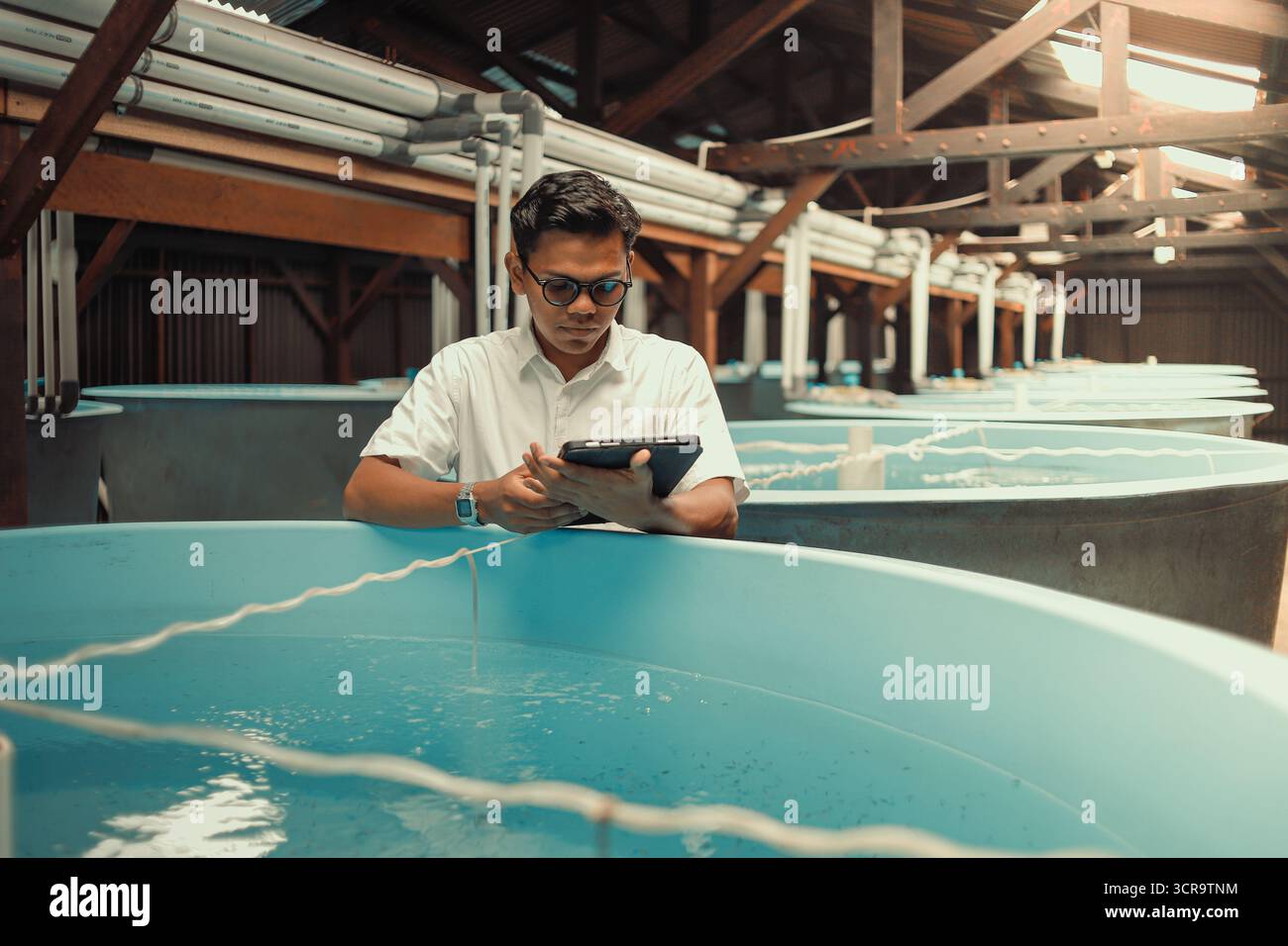 Fish Hatchery Pond with Worker Monitoring Aquaculture Tanks Stock Photo ...
