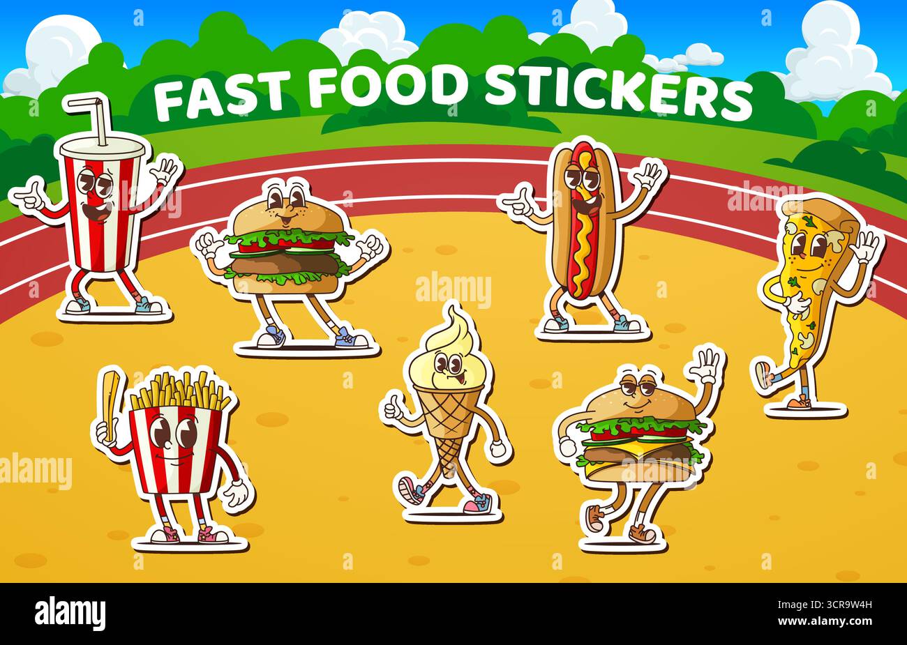 Groovy fast food characters stickers pack. Playful cartoon soda ...
